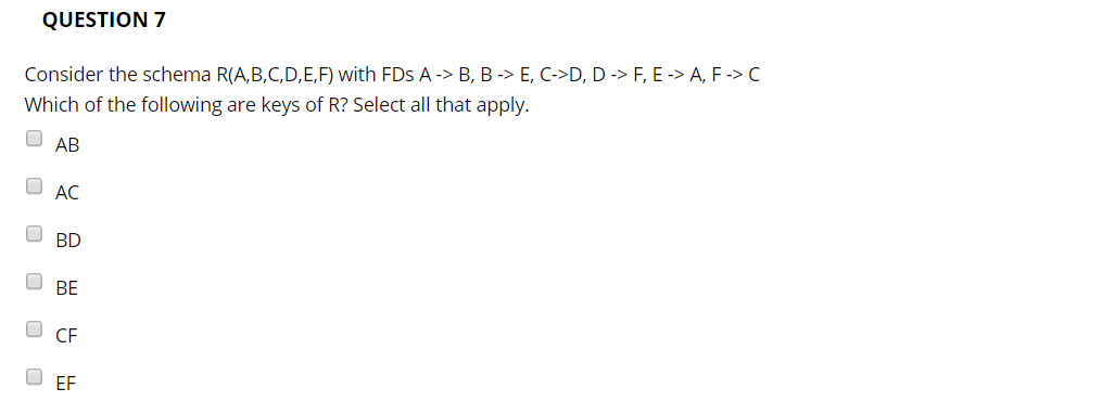 Solved QUESTION 7 Consider the schema R(A,B,C,D,E,F) with | Chegg.com