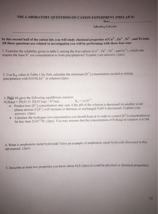 PRE-LABORATORY QUESTIONS ON CATION EXPERIMENT (PRELAB | Chegg.com