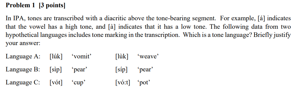 In IPA, tones are transcribed with a diacritic above | Chegg.com