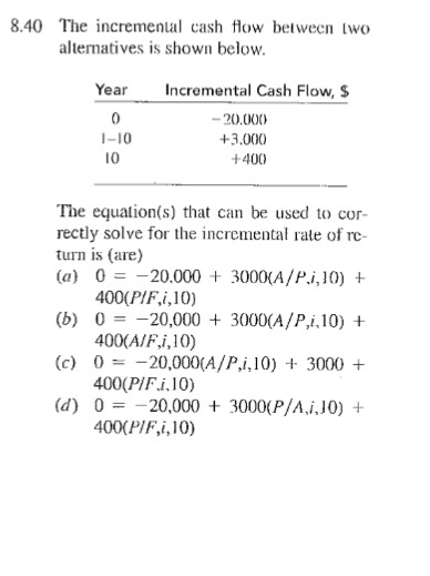 Solved The incremental cash flow between two alternatives is | Chegg.com
