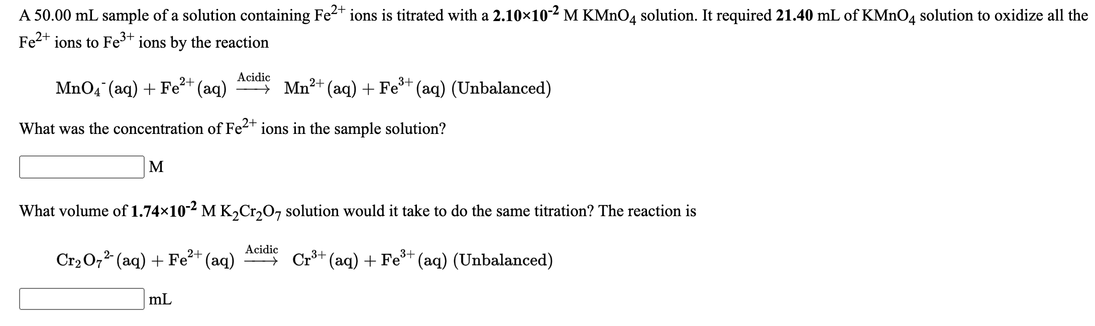 Solved A 50.00 mL sample of a solution containing Fe2+ ions | Chegg.com