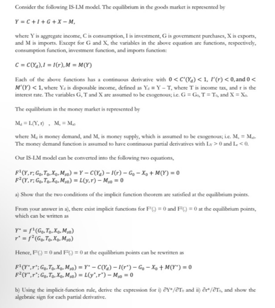 Solved mathematical economicsConsider the following IS-LM | Chegg.com