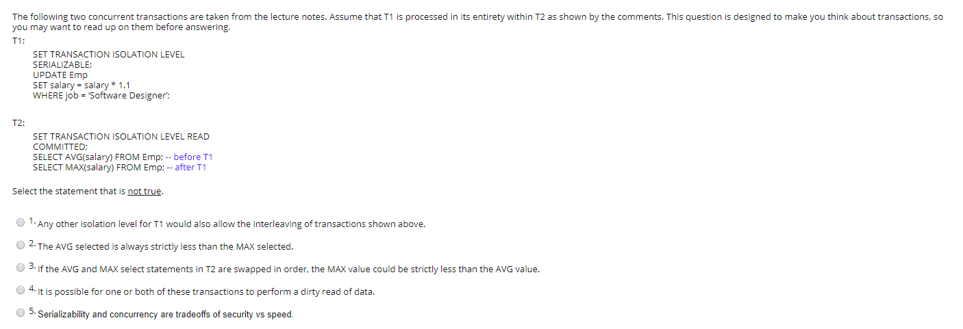 The following two concurrent transactions are taken | Chegg.com