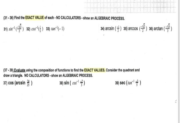 Solved (31 - 36) Find the EXACT VALUE of each - NO | Chegg.com