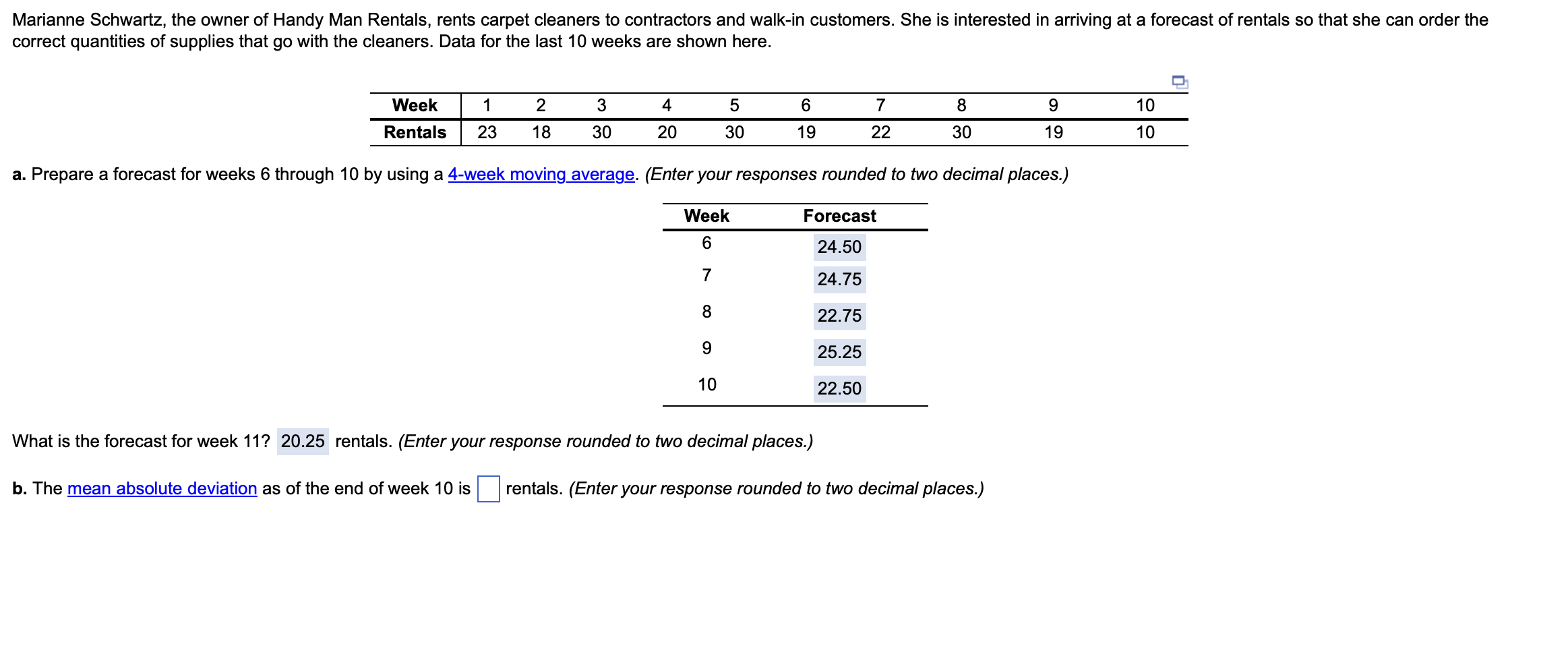 Solved What is the forecast for week 11? 20.25 rentals. | Chegg.com