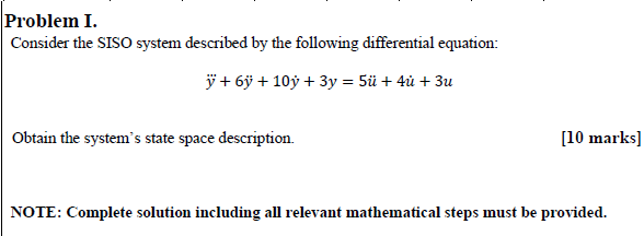 Solved Problem I. Consider the SISO system described by the | Chegg.com