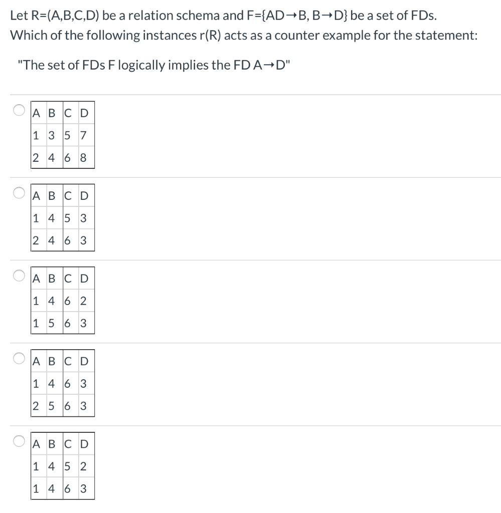Solved Let R=(A,B,C,D) be a relation schema and F={AD-B, | Chegg.com