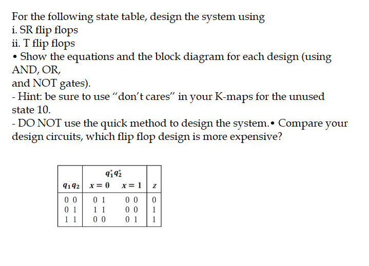 Solved For the following state table, design the system | Chegg.com