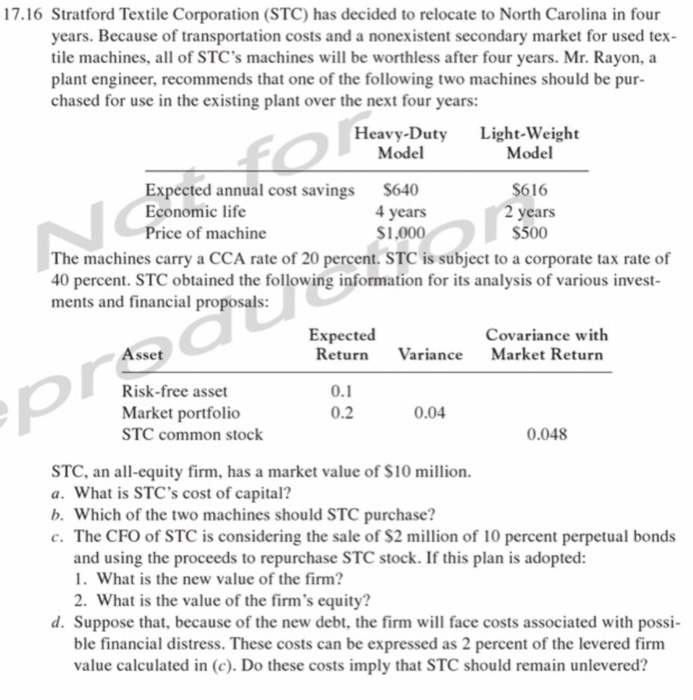 Solved 17.16 Stratford Textile Corporation (STC) has decided | Chegg.com