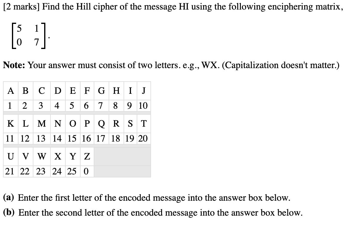 Solved [2 marks] Find the Hill cipher of the message HI | Chegg.com