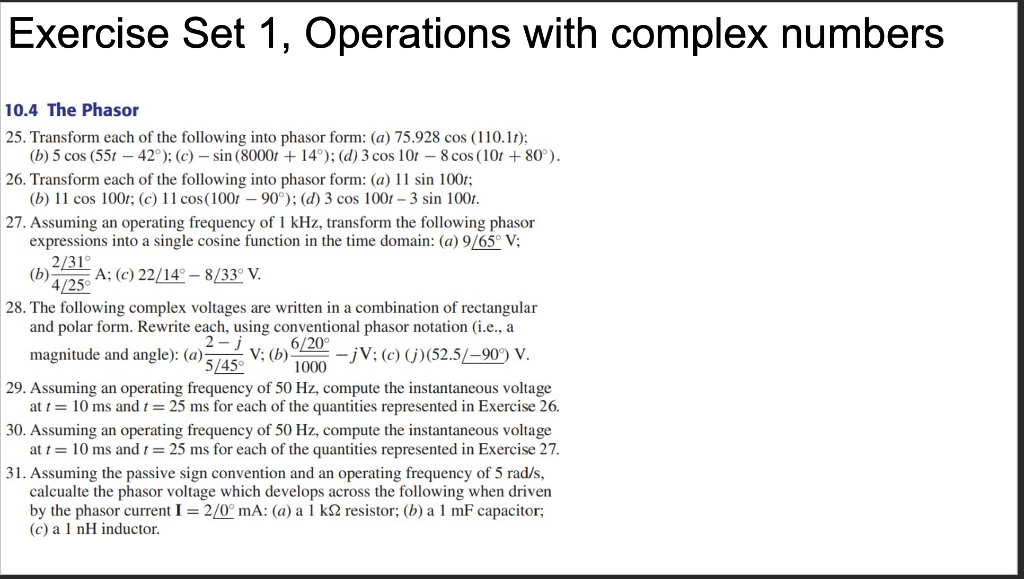 Solved Exercise Set 1, Operations with complex numbers 10.4 | Chegg.com