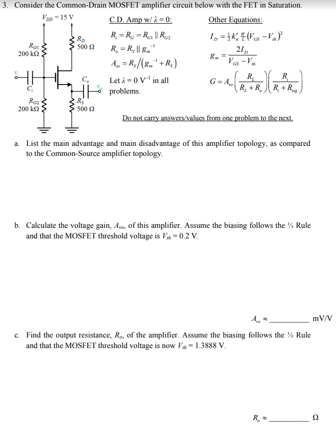 Solved 3. Consider the Common-Drain MOSFET amplifier circuit | Chegg.com