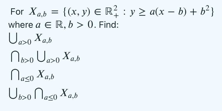 Solved For Xab = {(x, y) = R2 : y > a(x – b) + b2} where a E | Chegg.com