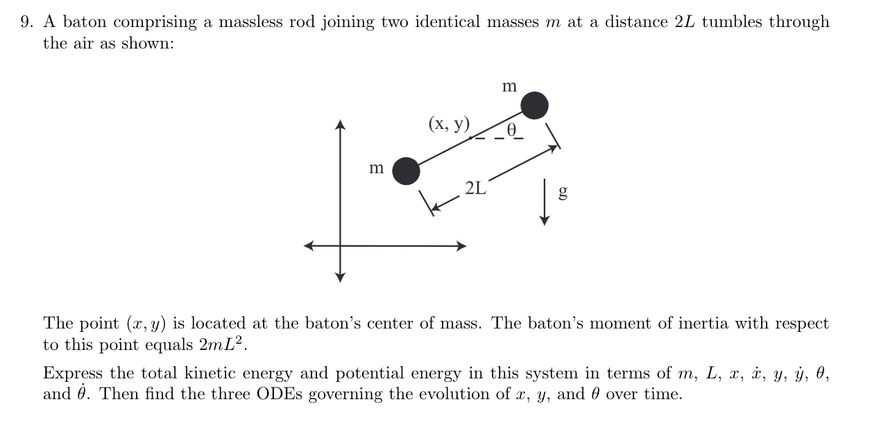 Solved 9. A baton comprising a massless rod joining two | Chegg.com