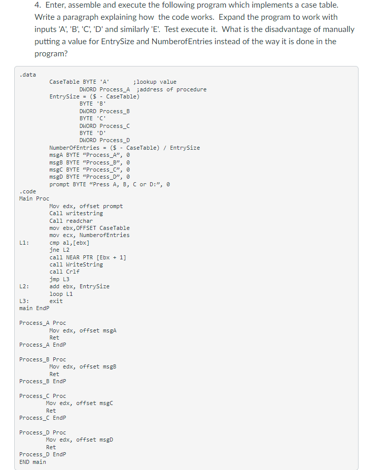 4. Enter, assemble and execute the following program | Chegg.com
