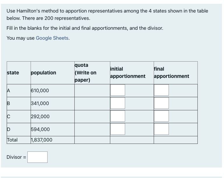 Solved Use Hamilton's method to apportion representatives | Chegg.com