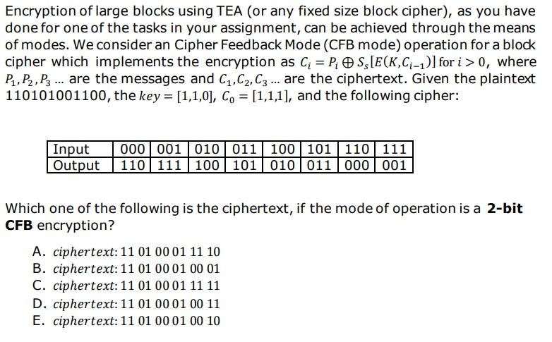 Solved Encryption of large blocks using TEA (or any fixed | Chegg.com