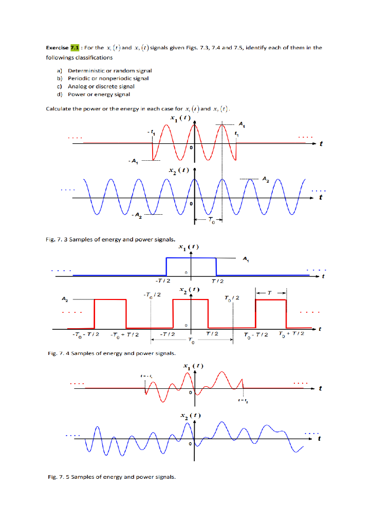 Solved Exercise 7.1 : For the x1(t) and x,(t) signals given | Chegg.com