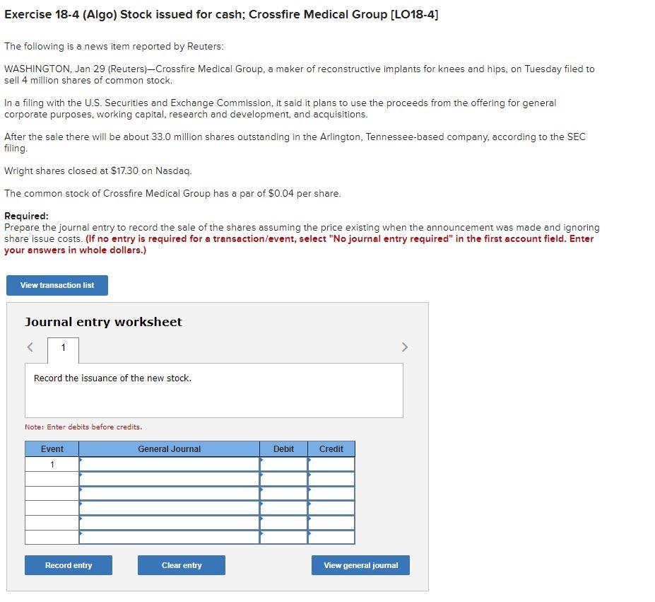 Solved Exercise 18-4 (Algo) Stock issued for cash; Crossfire | Chegg.com