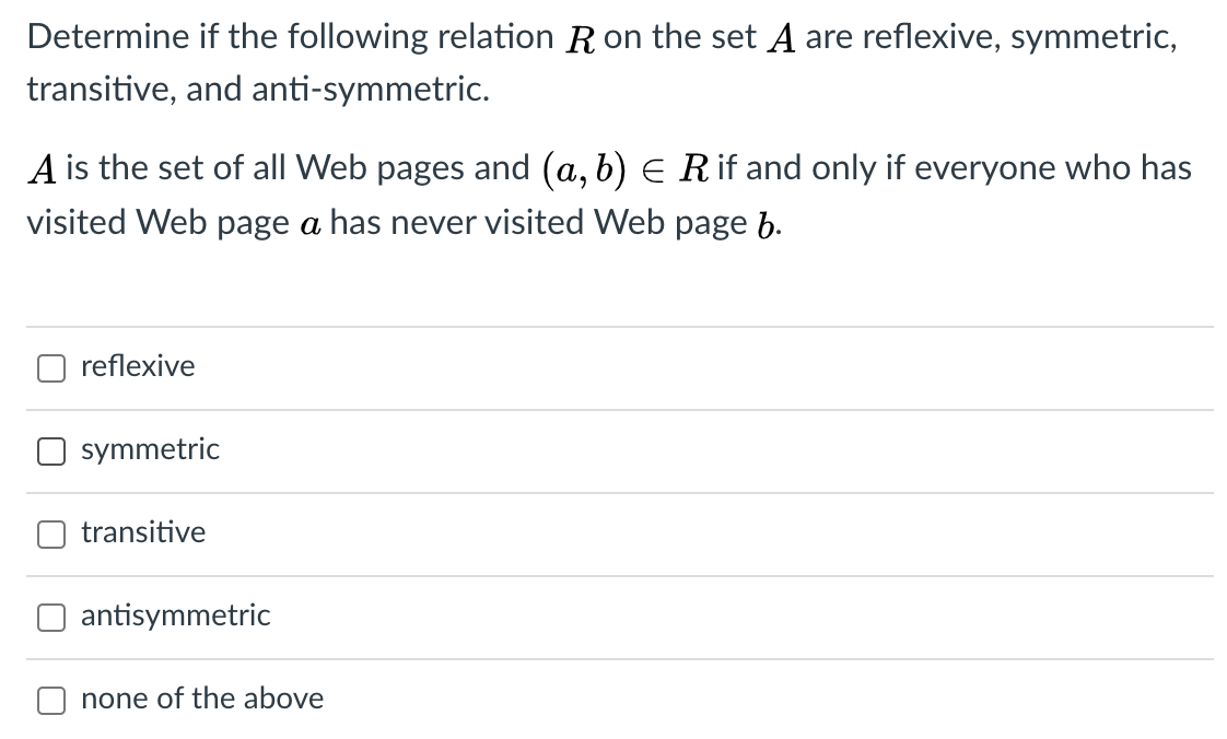 Solved Determine if the following relation R on the set A | Chegg.com