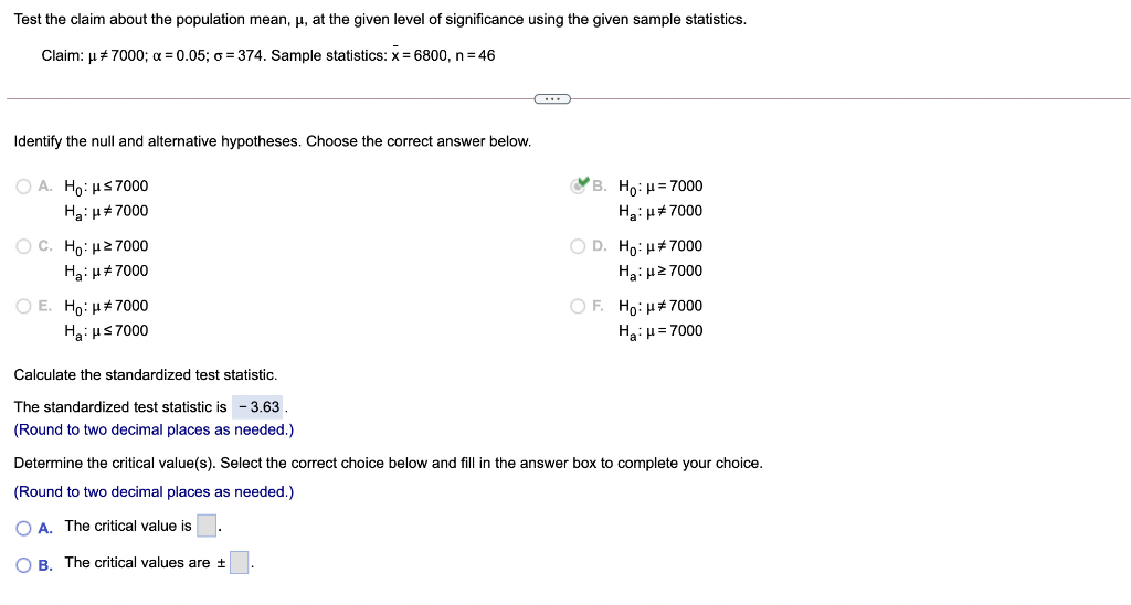 Solved Test the claim about the population mean, p, at the | Chegg.com