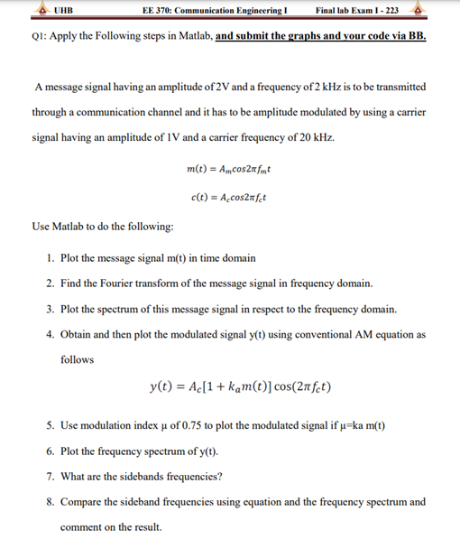 Solved Q1: Apply the Following steps in Matlab, and submit | Chegg.com