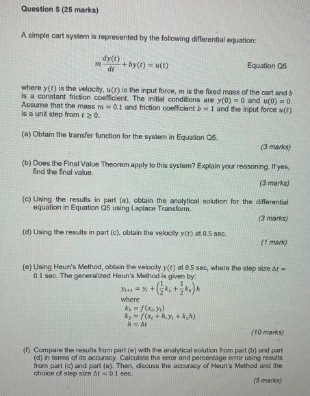 Solved Question 5 (25 marks) A simple cart system is | Chegg.com