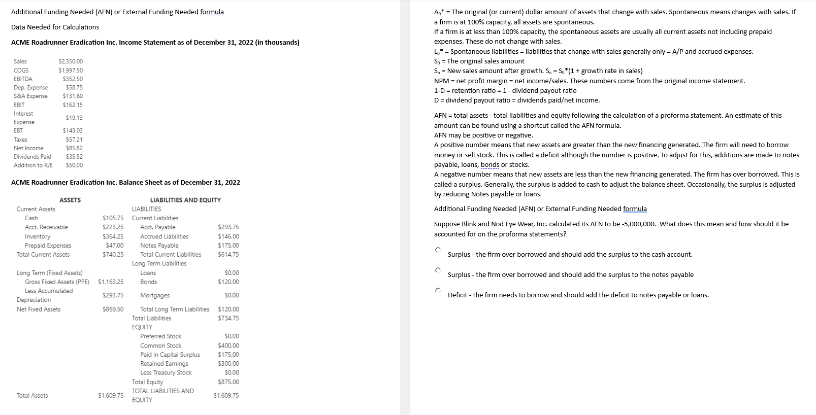 Additional Funding Needed (AFN) or External Funding | Chegg.com