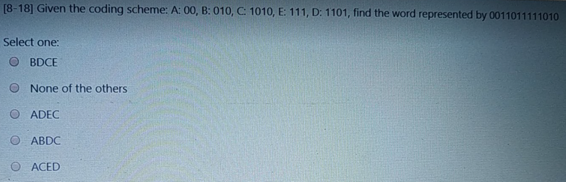 Solved [8-18] Given the coding scheme: A: 00, B: 010, C: | Chegg.com
