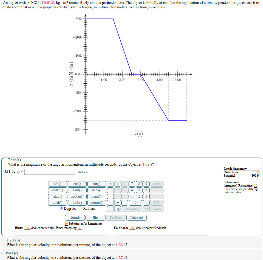 Solved An object with an MOI of 0.0123kg*m2 ﻿rotates freely | Chegg.com