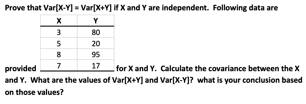Solved Prove that Var[X-Y] = Var[X+Y) if X and Y are | Chegg.com
