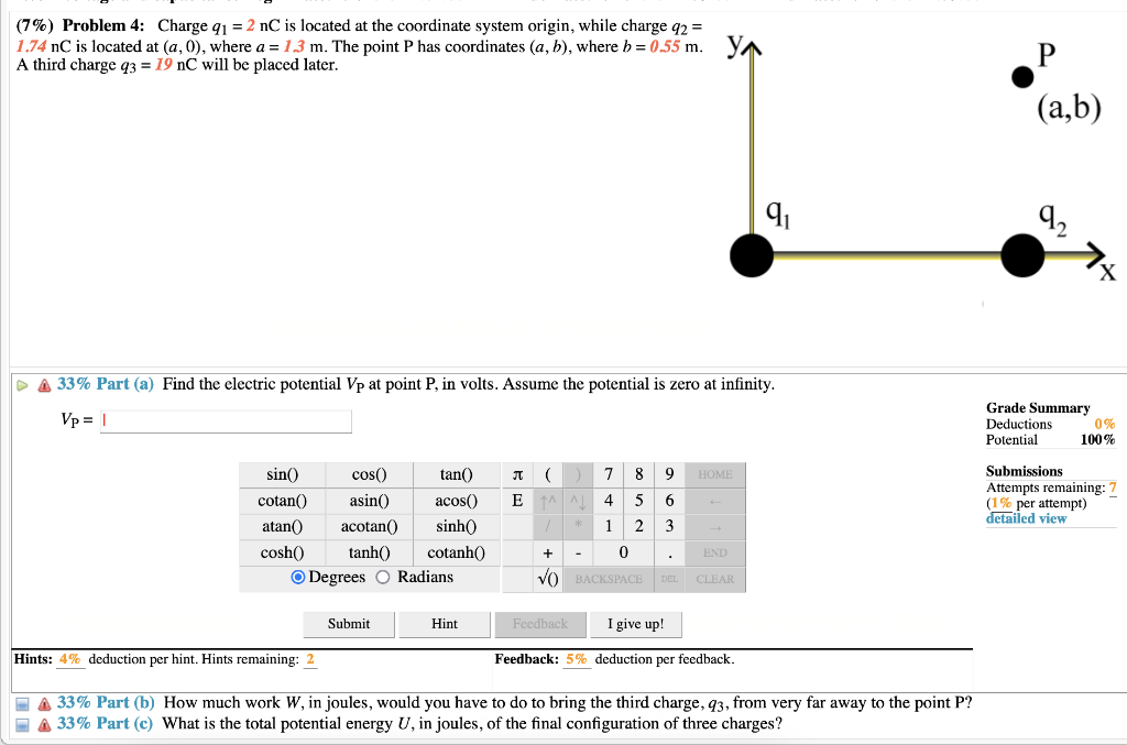 Solved (7\%) Problem 4: Charge q1=2nC is located at the | Chegg.com