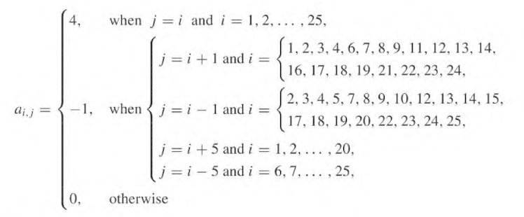 Solved ai,j=⎩⎨⎧4, when j=i and i=1,2,…,25,⎩⎨⎧j=i+1 and | Chegg.com