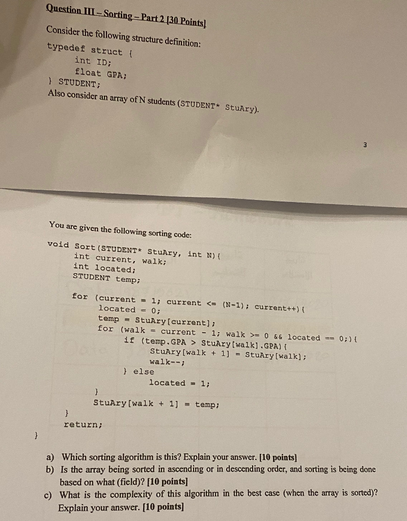 Solved Question III - Sorting - Part 2 [30 Points] Consider | Chegg.com
