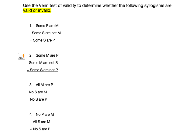 Solved Use the Venn test of validity to determine whether | Chegg.com