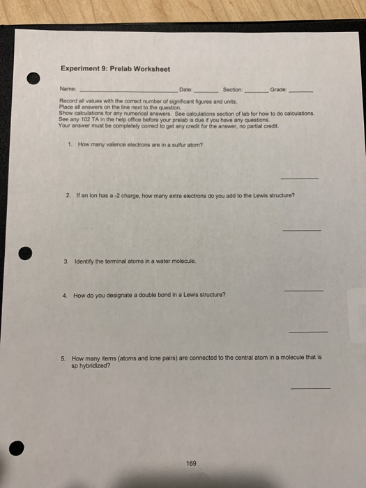 Solved Experiment 9: Prelab Worksheet SectionGrade: Name: | Chegg.com