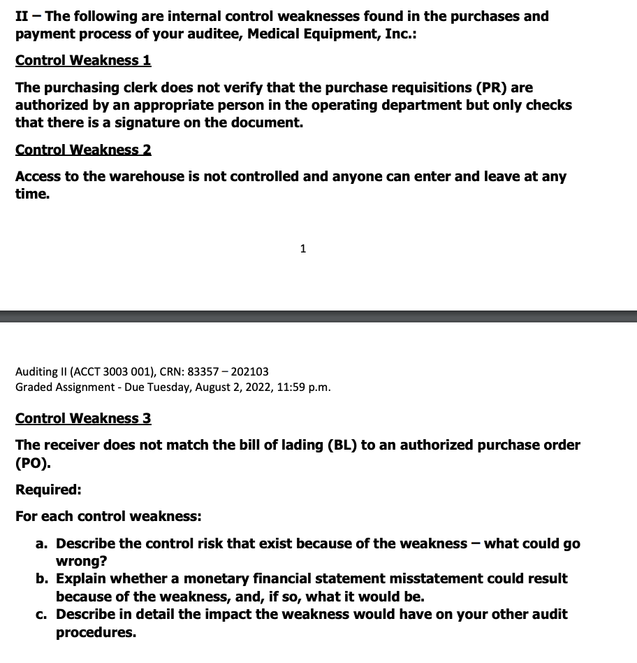 Solved II - The following are internal control weaknesses | Chegg.com