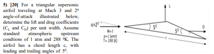 Solved a=20 5) [20] For a triangular supersonic airfoil | Chegg.com