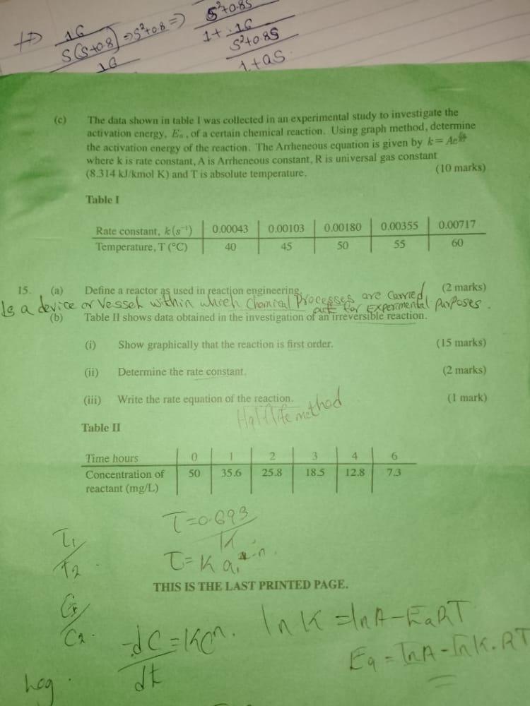 Solved (c) The data shown in table I was collected in an | Chegg.com