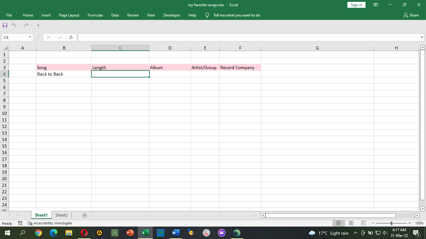 my favorite songs.xlsx - Excel Sign in 0 x File Home | Chegg.com