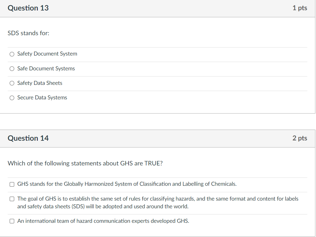 Solved SDS stands for: Safety Document System Safe Document | Chegg.com