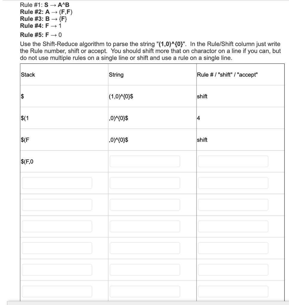 Solved Rule #1: S → A^B Rule #2: A → (F,F) Rule #3: B → {F} | Chegg.com