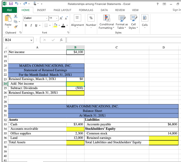 Solved Relationships among Financial Statements - Excel ? | Chegg.com