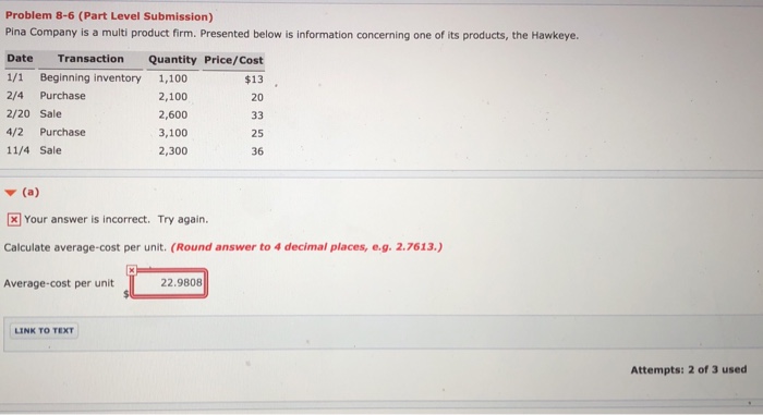 Solved Problem 8-6 (Part Level Submission) Pina Company is a | Chegg.com