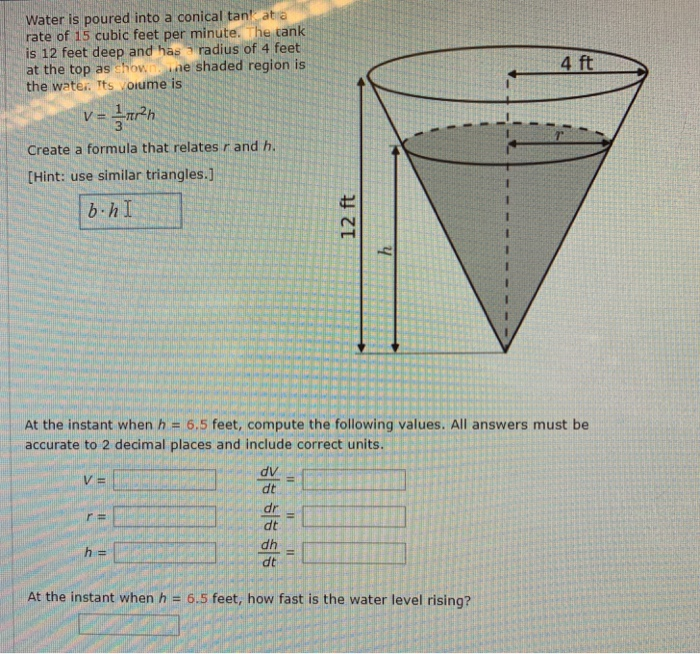 Solved Water is poured into a conical tan ata rate of 15 | Chegg.com