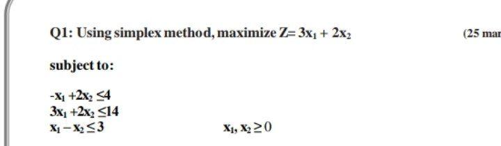 Solved Q1: Using simplex method, maximize Z=3x1 + 2x2 (25 | Chegg.com