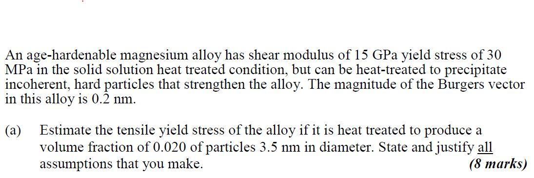Solved An age-hardenable magnesium alloy has shear modulus | Chegg.com