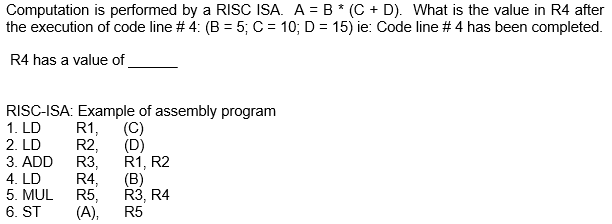 Computation is performed by a RISC ISA. A=B* (C+D). | Chegg.com