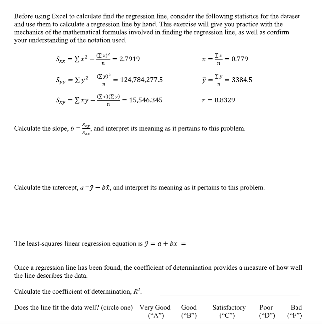 Solved Before using Excel to calculate find the regression | Chegg.com