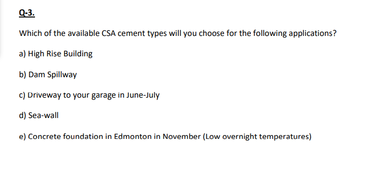 Solved Which of the available CSA cement types will you | Chegg.com